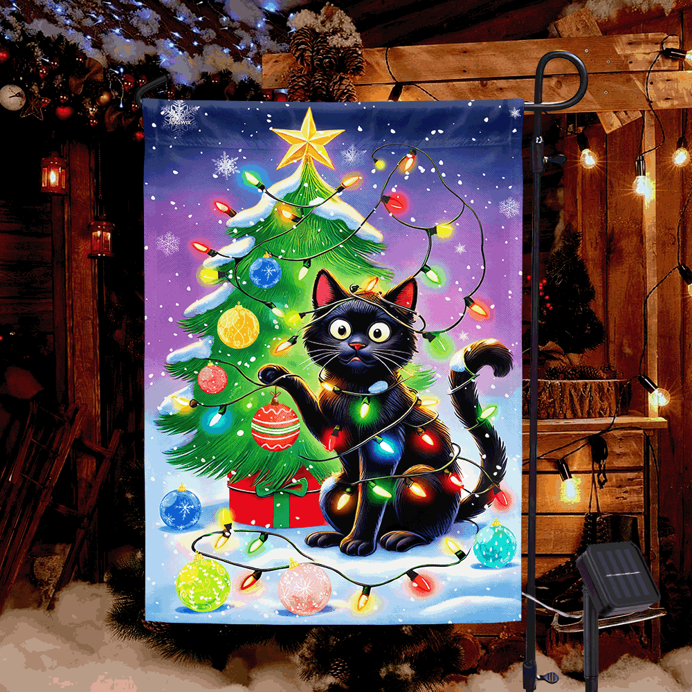 Funny Black Cat Christmas Tree Solar LED Garden Flag – Flagwix