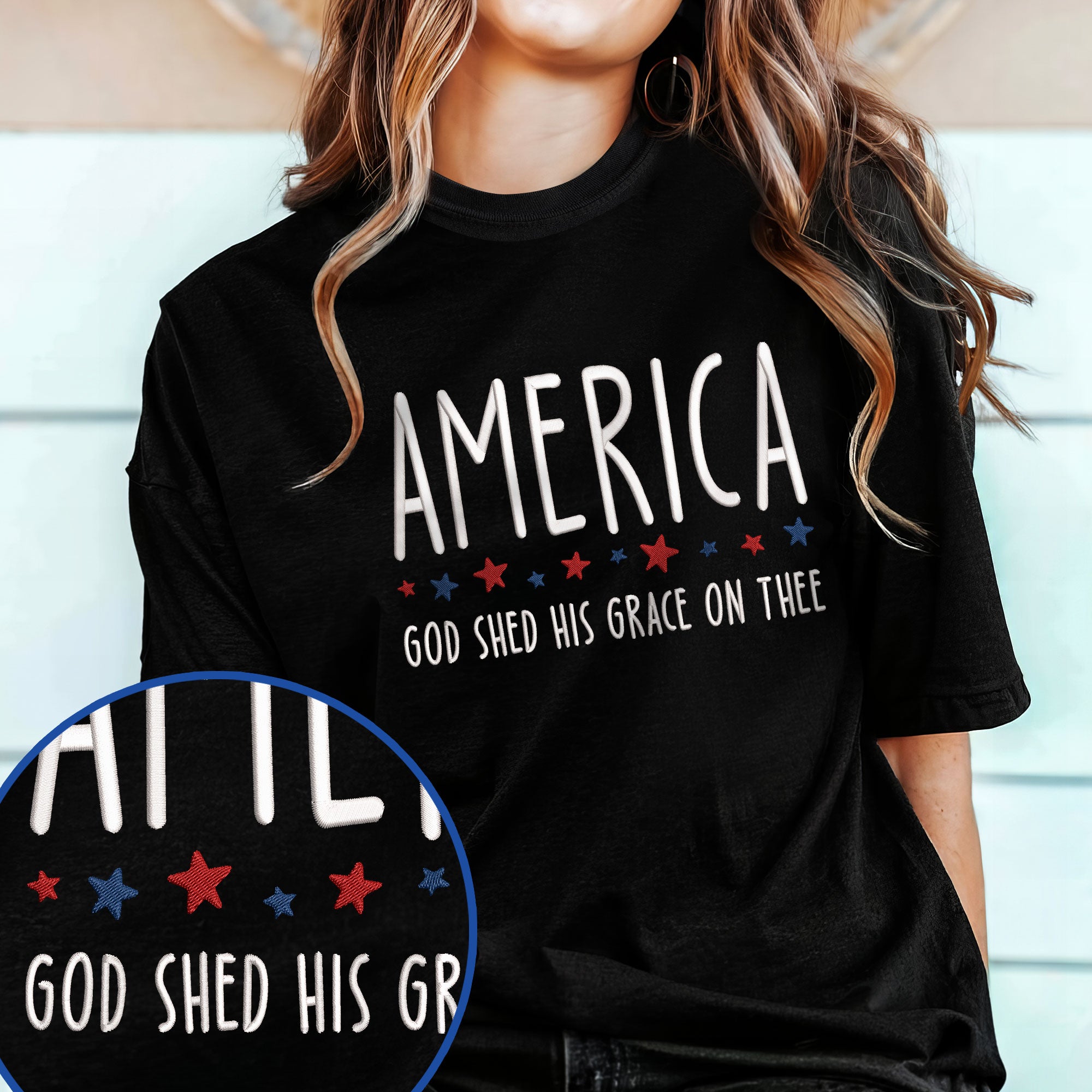 America God Shed His Grace On Thee Embroidered T-Shirt – Flagwix
