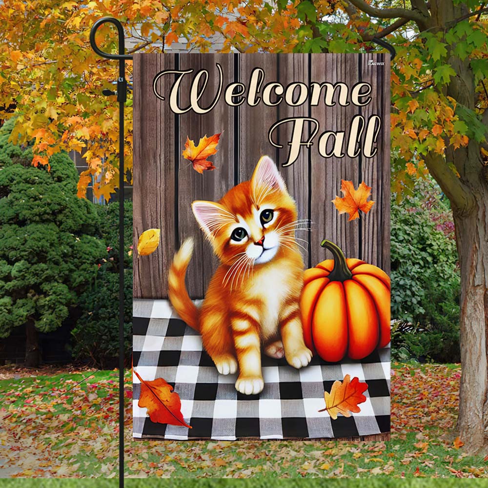 Welcome Fall Cat Pumpkin Autumn Thanksgiving Flag – Flagwix