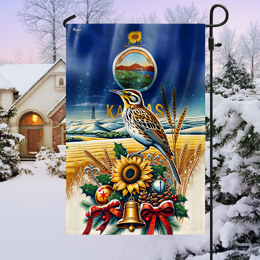 Kansas State Sunflower and Meadowlark Bird Winter Christmas Flag – Flagwix