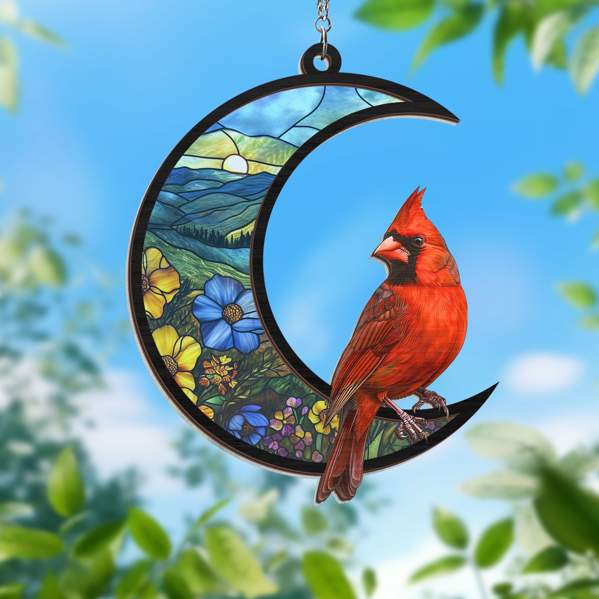 Cardinal On The Crescent Moon 2 Layered Hanging Suncatcher – Flagwix