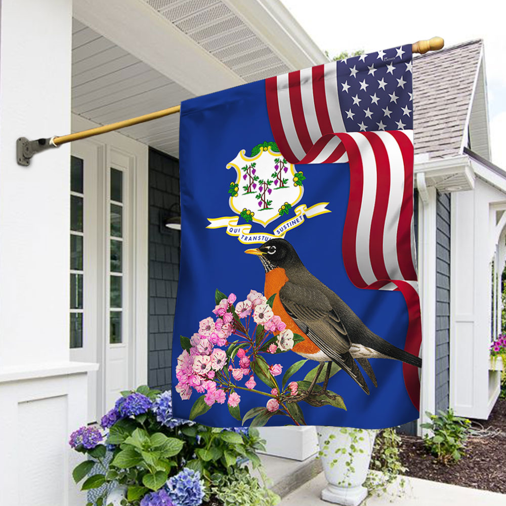 Connecticut State American Robin Bird and Mountain Laurel Flower Flag ...