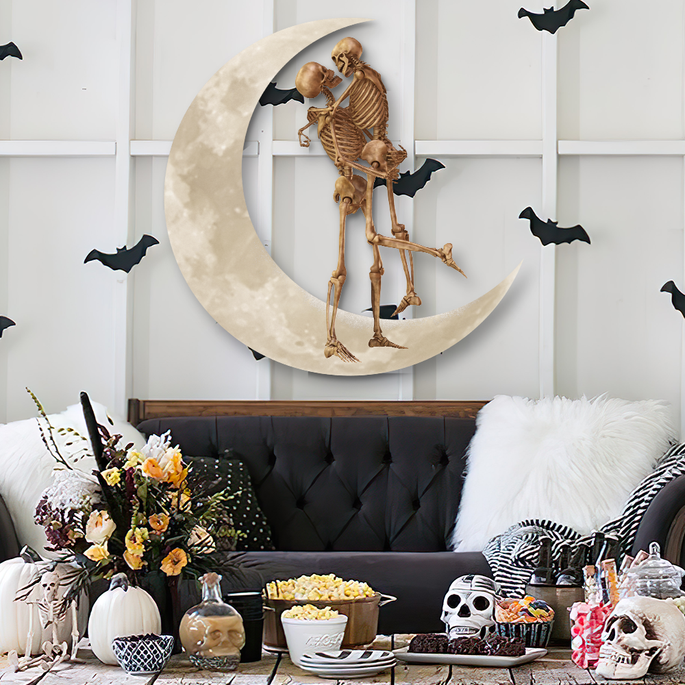 Skeleton Couple Kiss Halloween On The Moon Hanging Metal Sign Wall Sig ...
