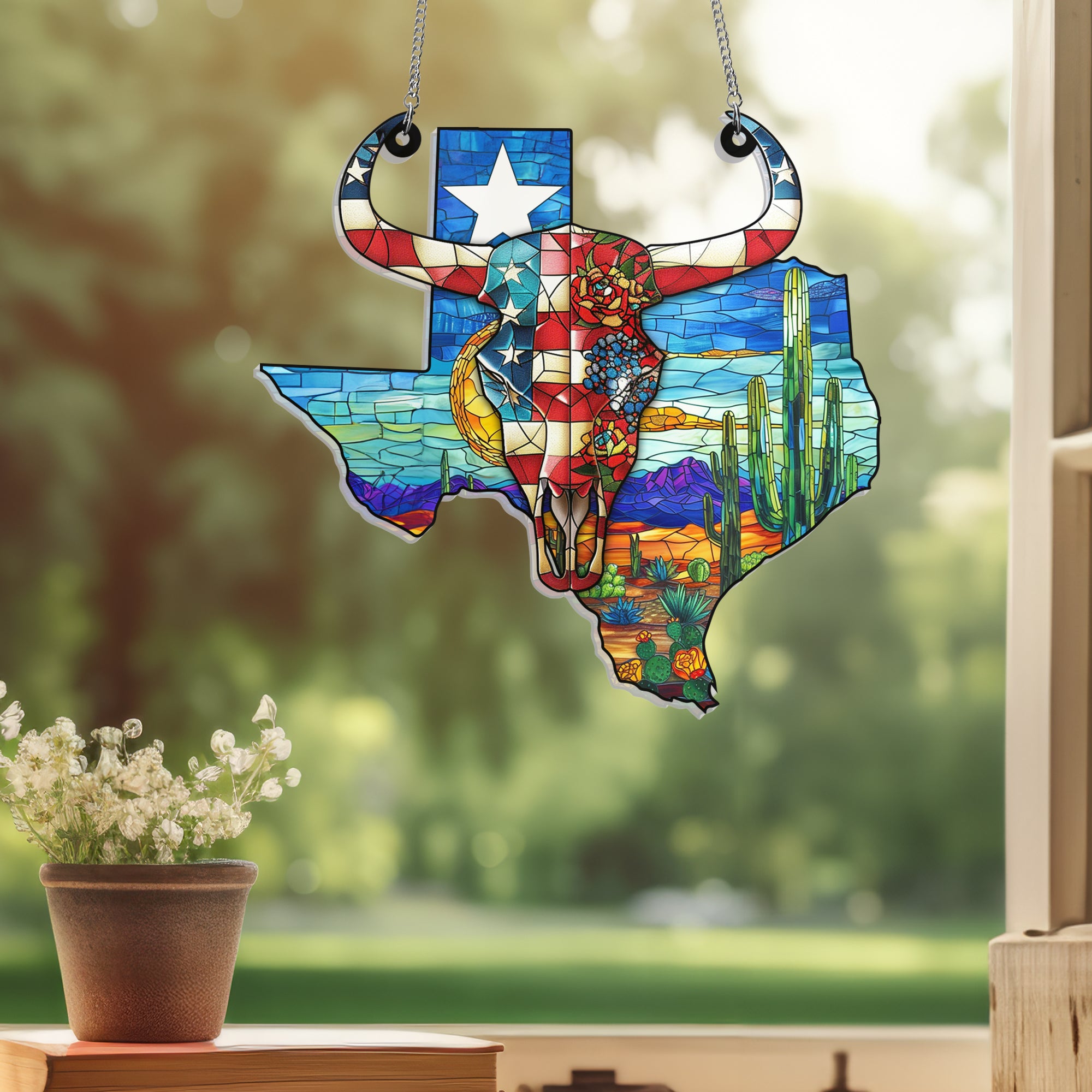 Texas America Map Suncatcher - Acrylic Hanging Gift with Skull Cow Des ...