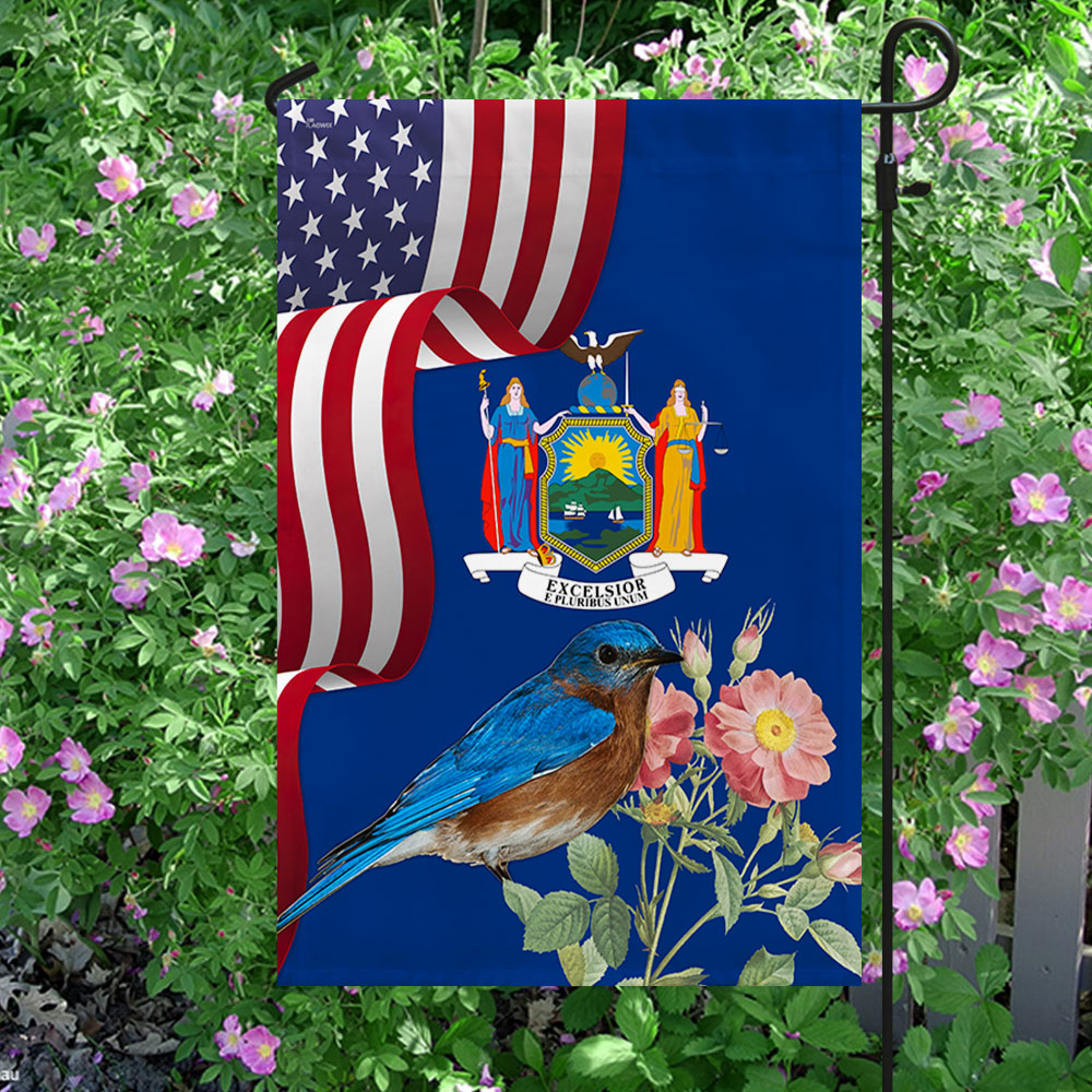 New York State Eastern Bluebird and Wild Rose Flower Flag MLN1141Fv38 ...