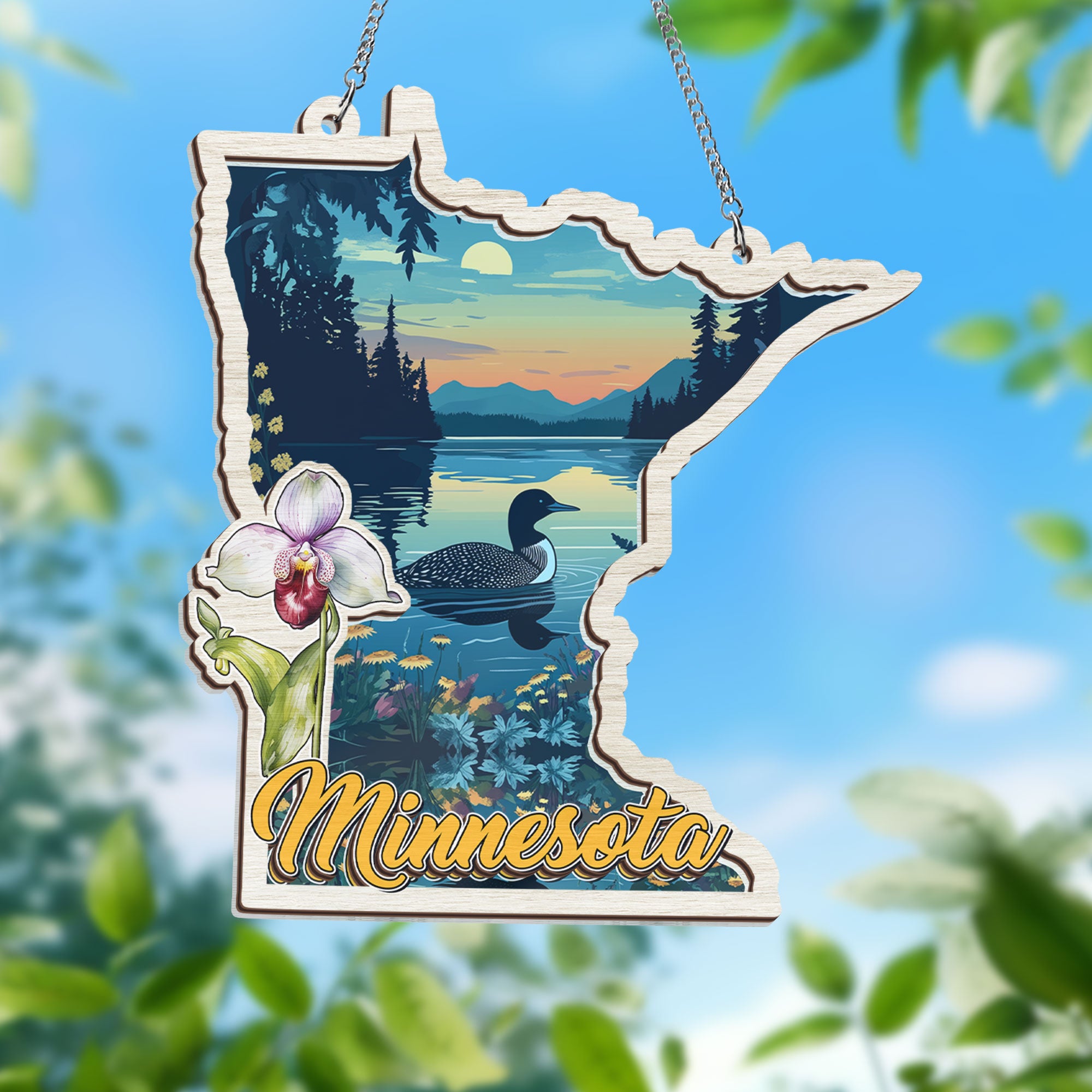 Minnesota State, Lady’s Slipper Flower and Loon Minnesota 2 Layered Ha ...