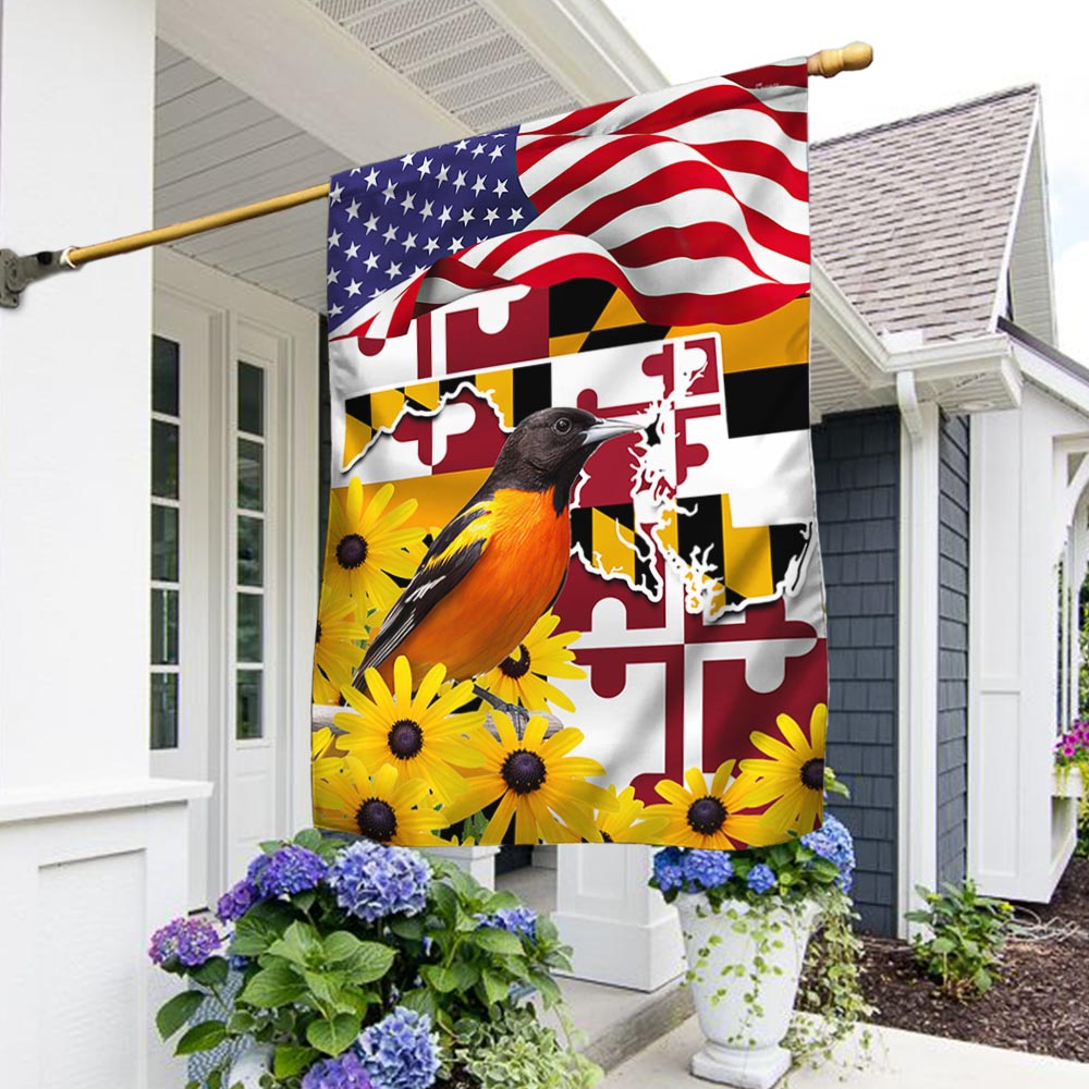 Maryland Flag Black-eyed Susan Flower and Baltimore Oriole Bird Flag T ...
