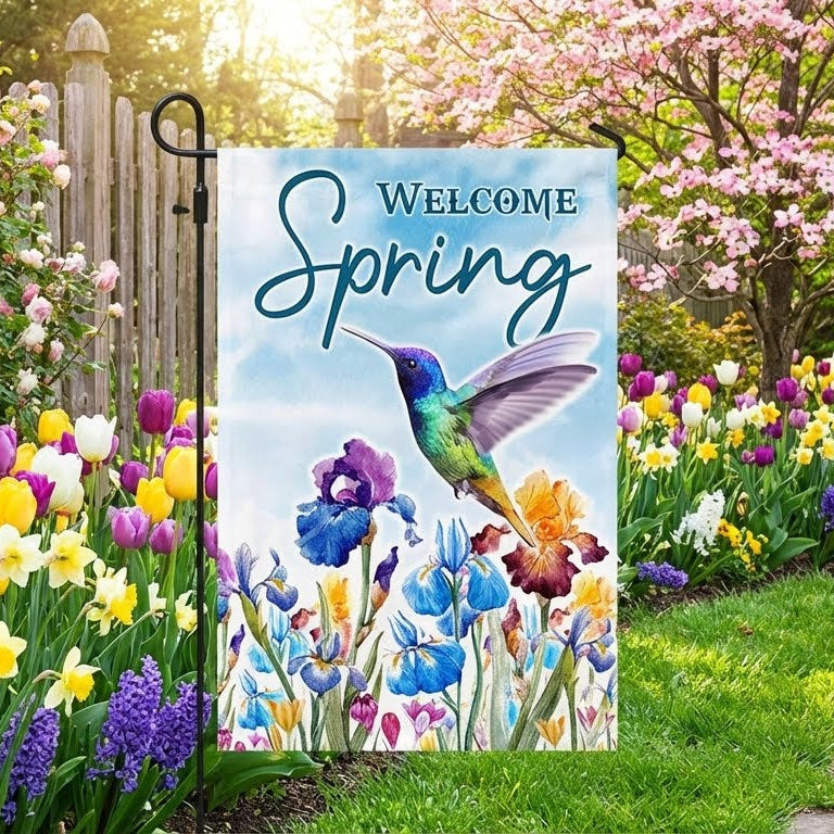 Welcome Spring Flag with Hummingbird Spring Design for Outdoor Home De ...