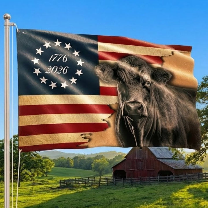 1776 2026 Black Angus Cattle Proud Farmer Farm Life Flag – Flagwix