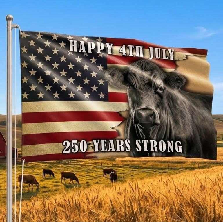 Black Angus Cattle Flag, 250 Years Strong Patriotic Cow Farm Grommet F ...