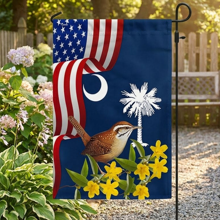 South Carolina Yellow Jessamine Flower and Carolina Wren Bird Flag 3-D ...