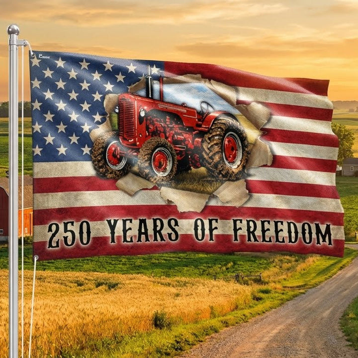 Tractor Farmer Flag, 250 Years of Freedom Red Tractor Grommet Flag ...