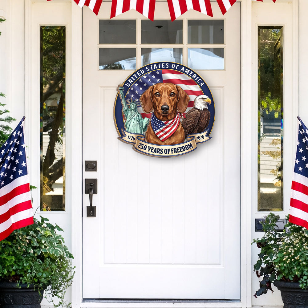 Patriotic Dachshund Dog Hanging Sign - 250 Years Wooden Decor – Flagwix