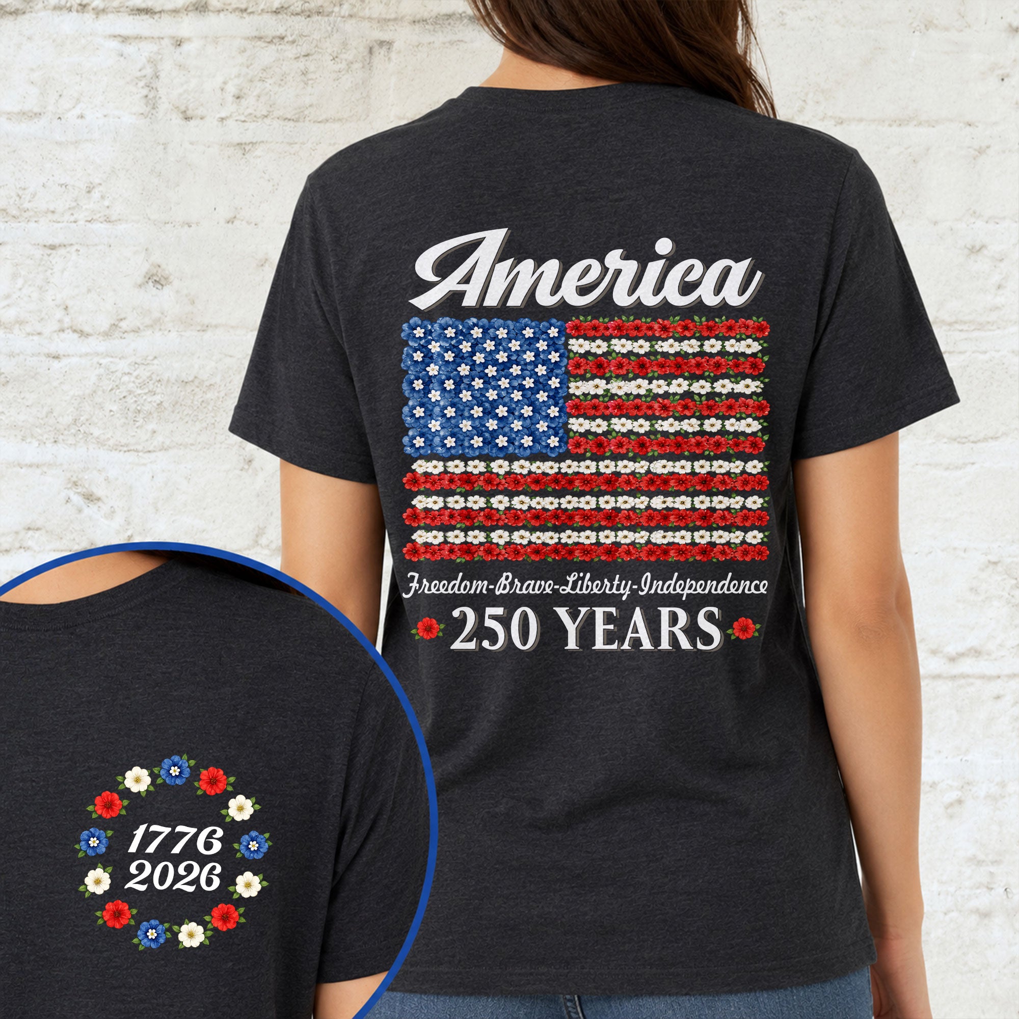 250 years floral America flag t-shirt - Stylish Patriot – Flagwix