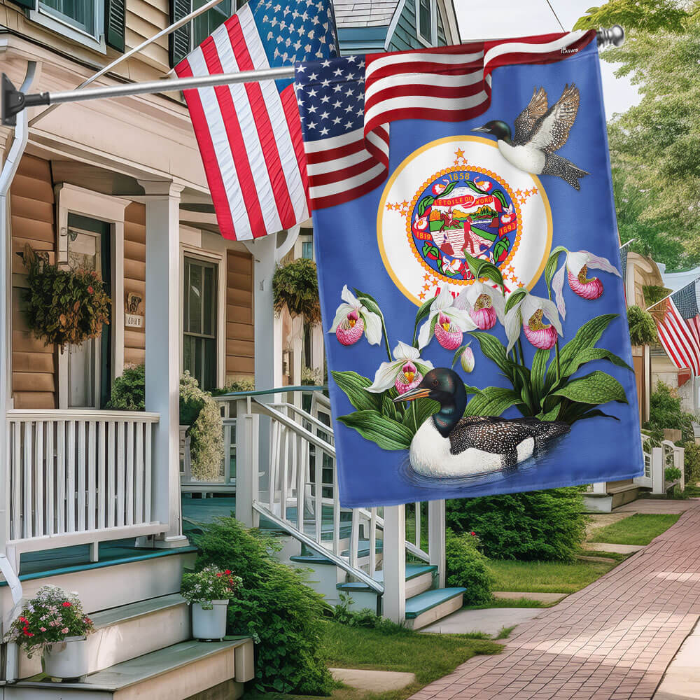 Minnesota State Lady’s Slipper Flower and Loon Minnesota Flag – Flagwix