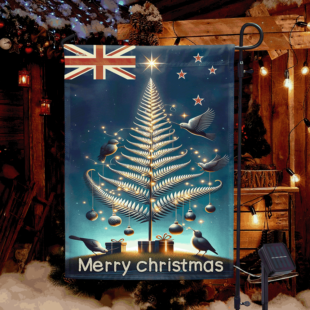 Kiwi Birds Silver Fern Christmas In New Zealand Solar LED Garden Flag ...