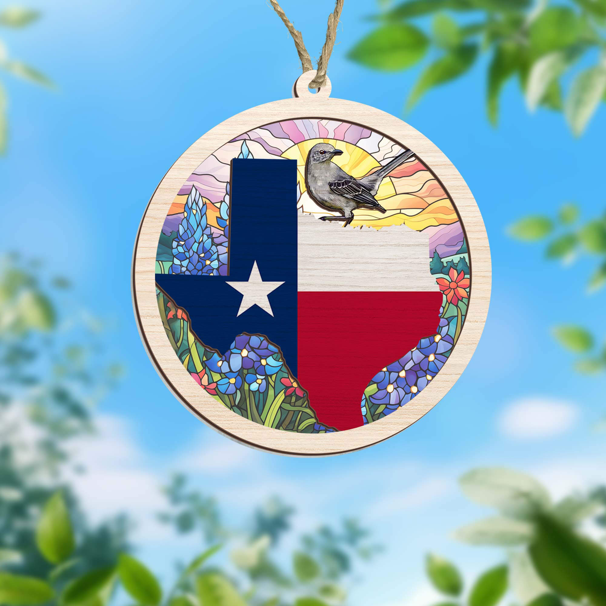Christmas Ornament, Texas with Northern Mockingbird and Bluebonnet, Te ...