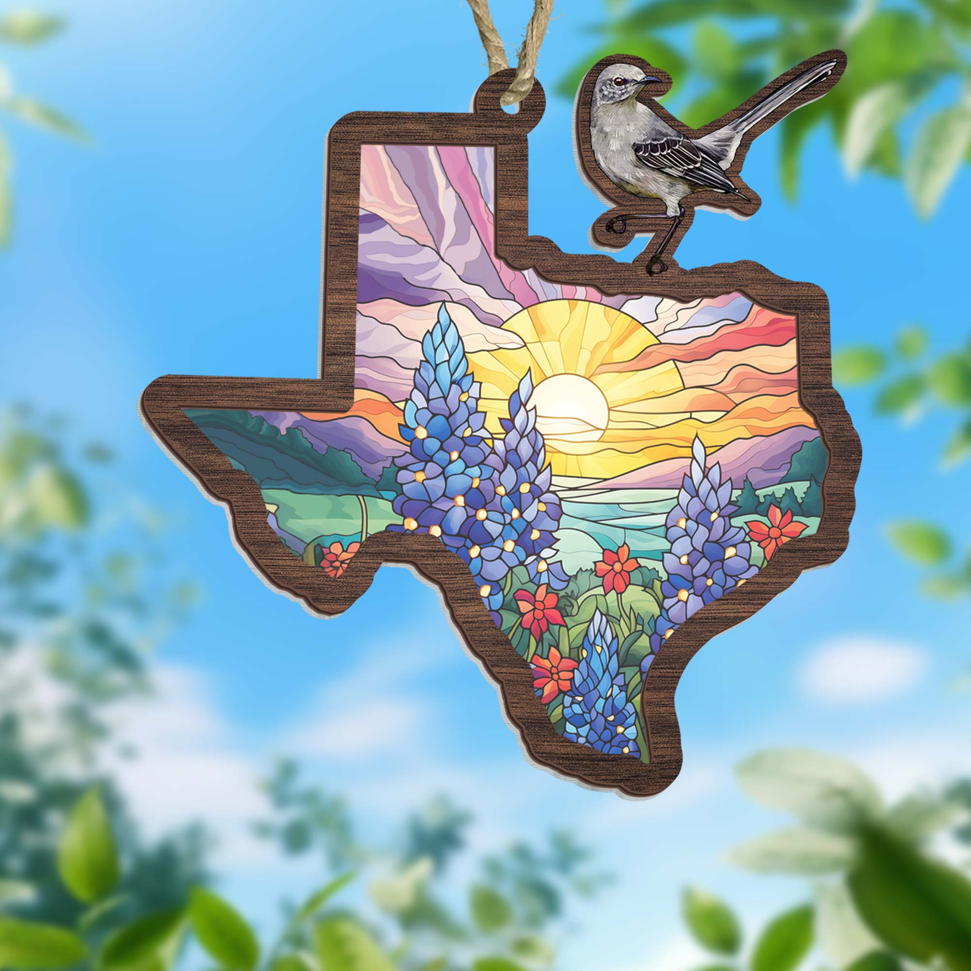 Texas Suncatcher Ornament - Northern Mockingbird & Bluebonnet Design ...