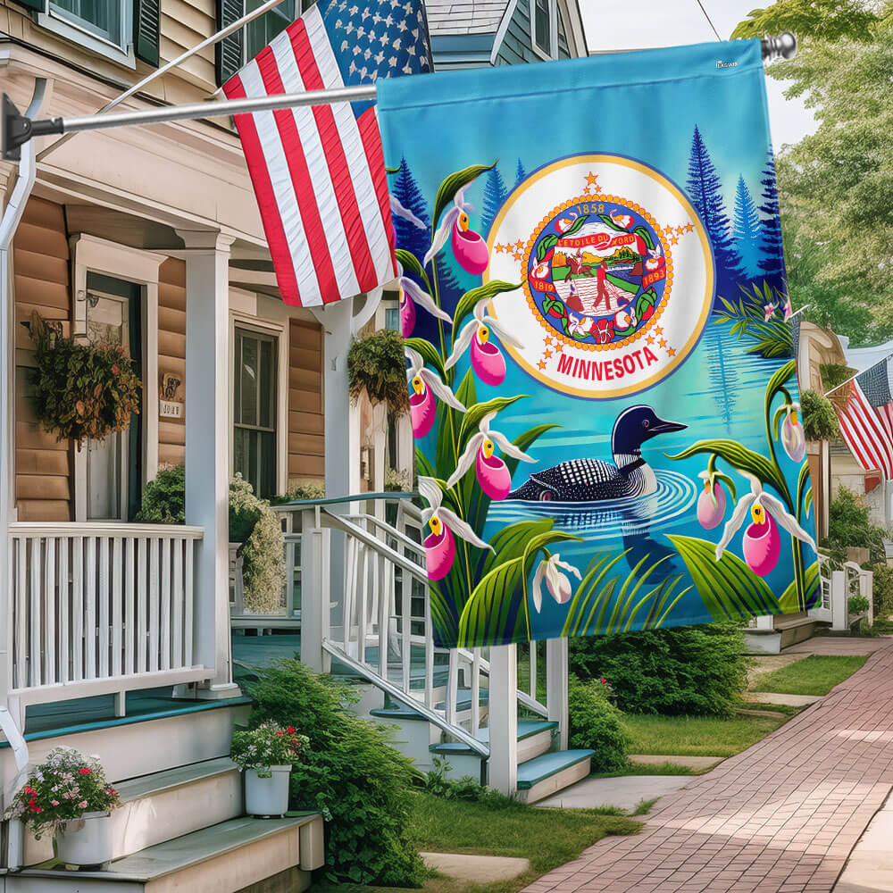 Minnesota State Lady’s Slipper Flower and Loon Minnesota Flag – Flagwix