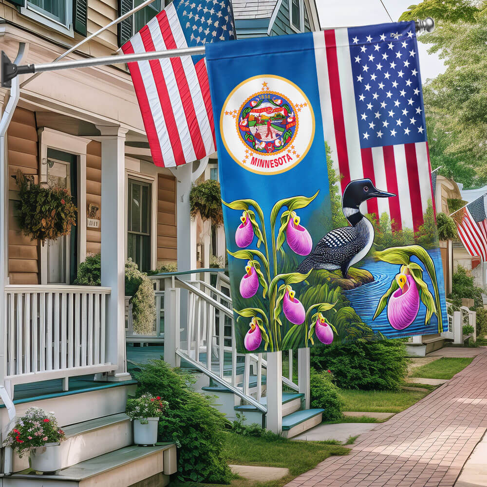 Minnesota State Lady’s Slipper Flower and Loon Minnesota American Flag ...