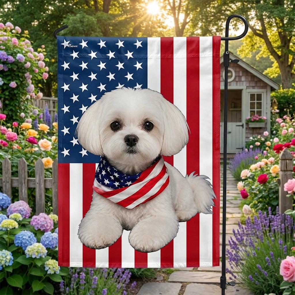 White Maltese Dog American Garden Flag Wrapped in Glory, Patriotic Dog ...