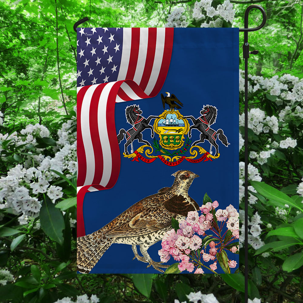 Pennsylvania State Ruffed Grouse Bird and Mountain Laurel Flower Flag ...