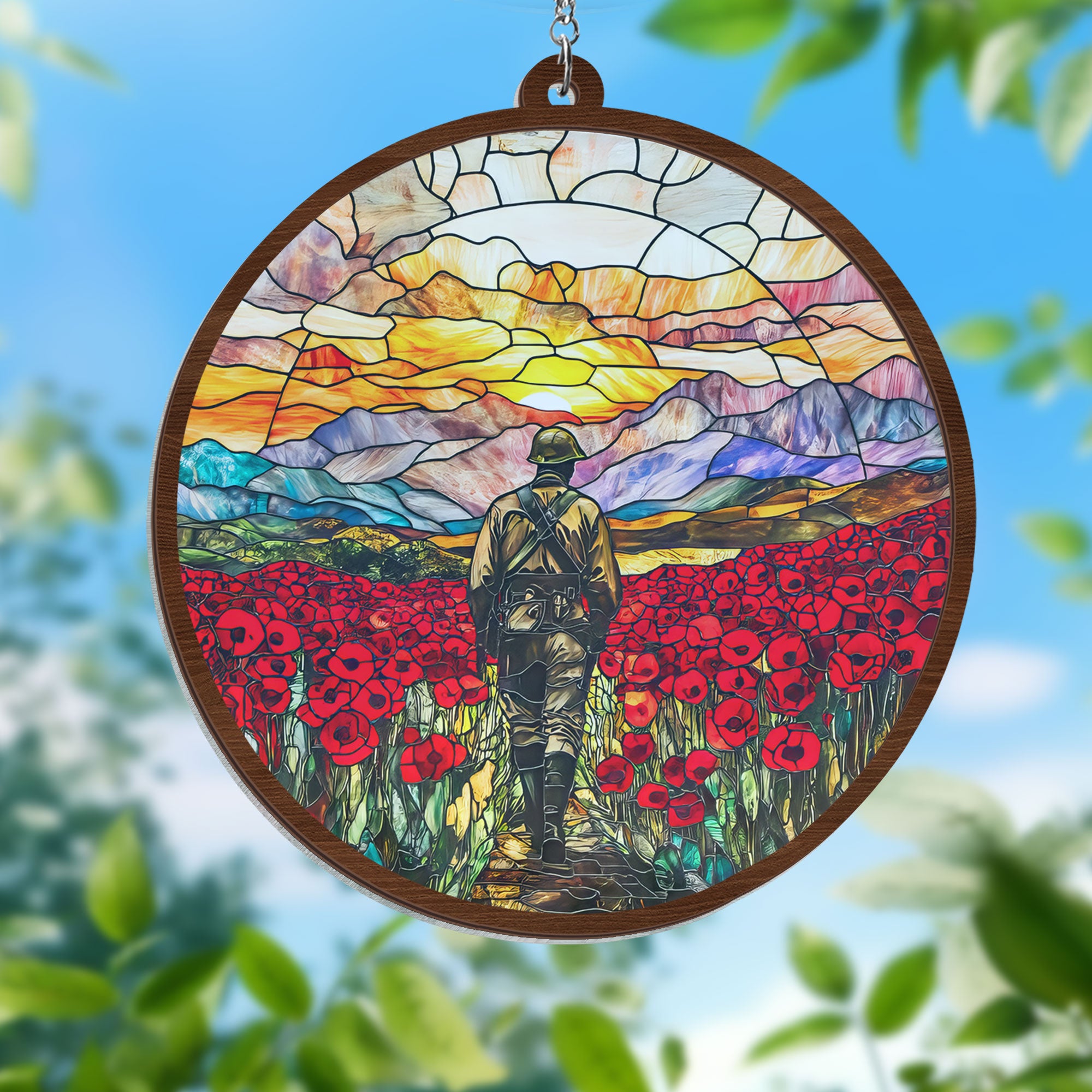 Veterans Soldier Memorial With Red Flowers 2 Layered Hanging Suncatche ...
