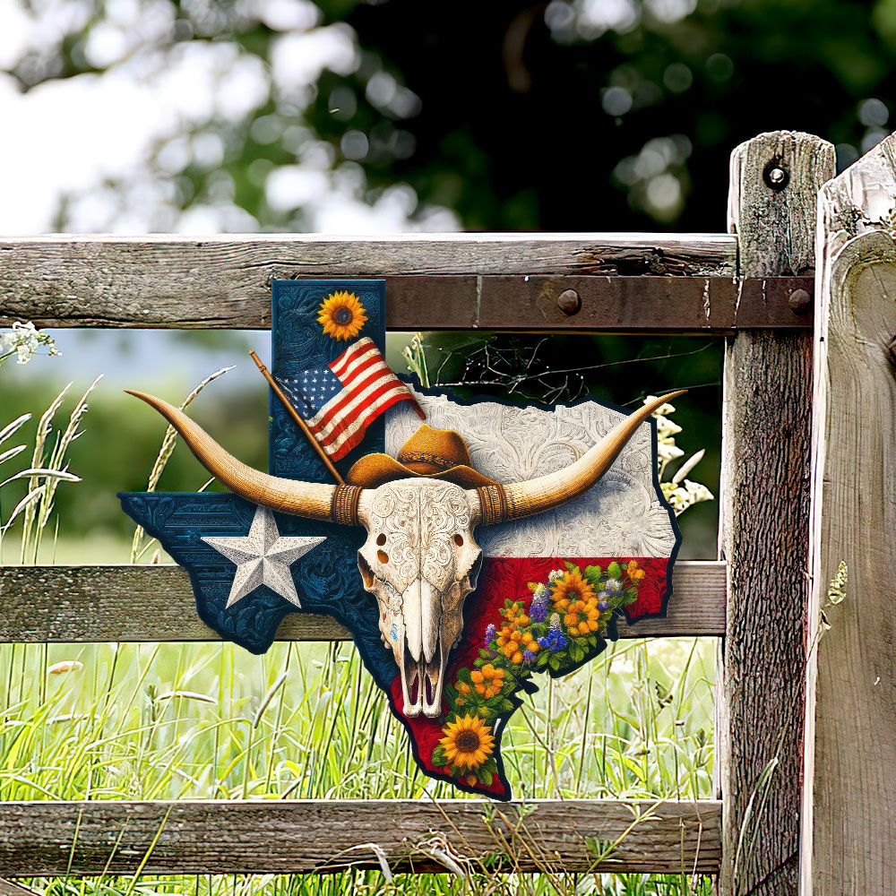 Texas Map Longhorn Hanging Metal Sign – Flagwix