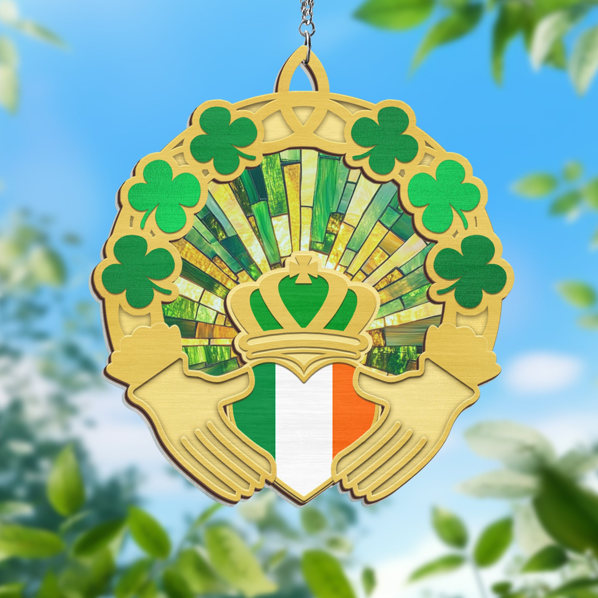 Claddagh Ring Irish Shamrock 2 Layered Hanging Suncatcher – Flagwix