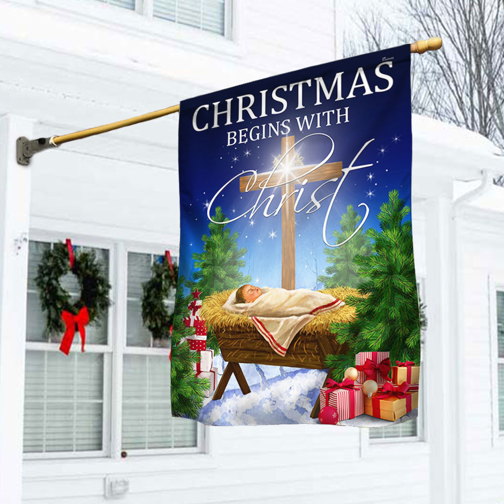 Christmas Begins With Christ Flag Jesus Is Born Baby Jesus In A Manger ...