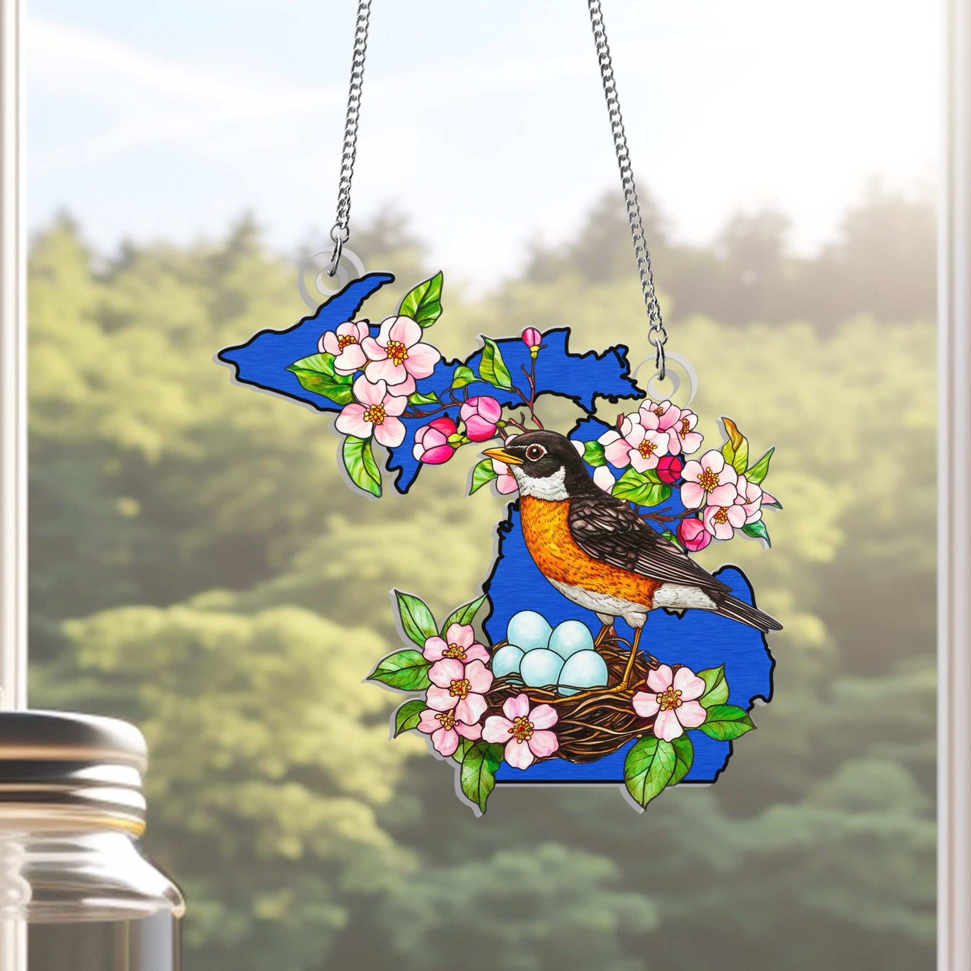 Michigan American Robin & Apple Blossom Suncatcher - Hanging Sign Gift ...
